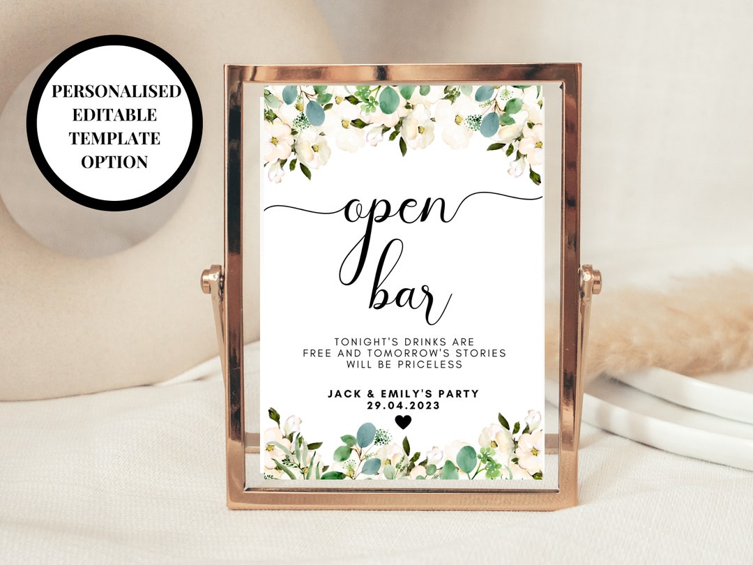 Editable Open Bar Sign/ Greenery Floral Wedding Bar Poster/ - Etsy