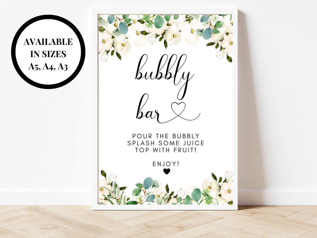 Personalised Bubbly Bar Sign/ Greenery Floral Wedding Pour the Bubbly ...
