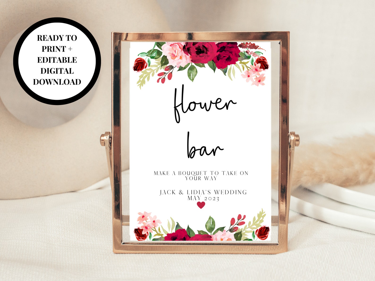 Editable Red Flower Bar Printable Sign/ Wedding Reception Red Roses ...