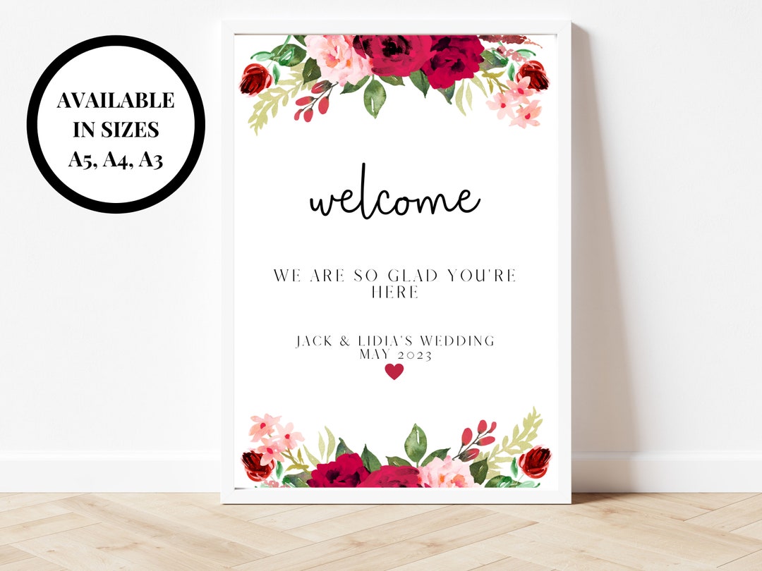 Personalised Red Floral Welcome Sign/ Red Theme Wedding Were so Glad ...