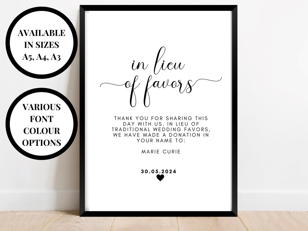 In Lieu of Favours Sign/ 24 Text Colour Options/ Match Your Party ...