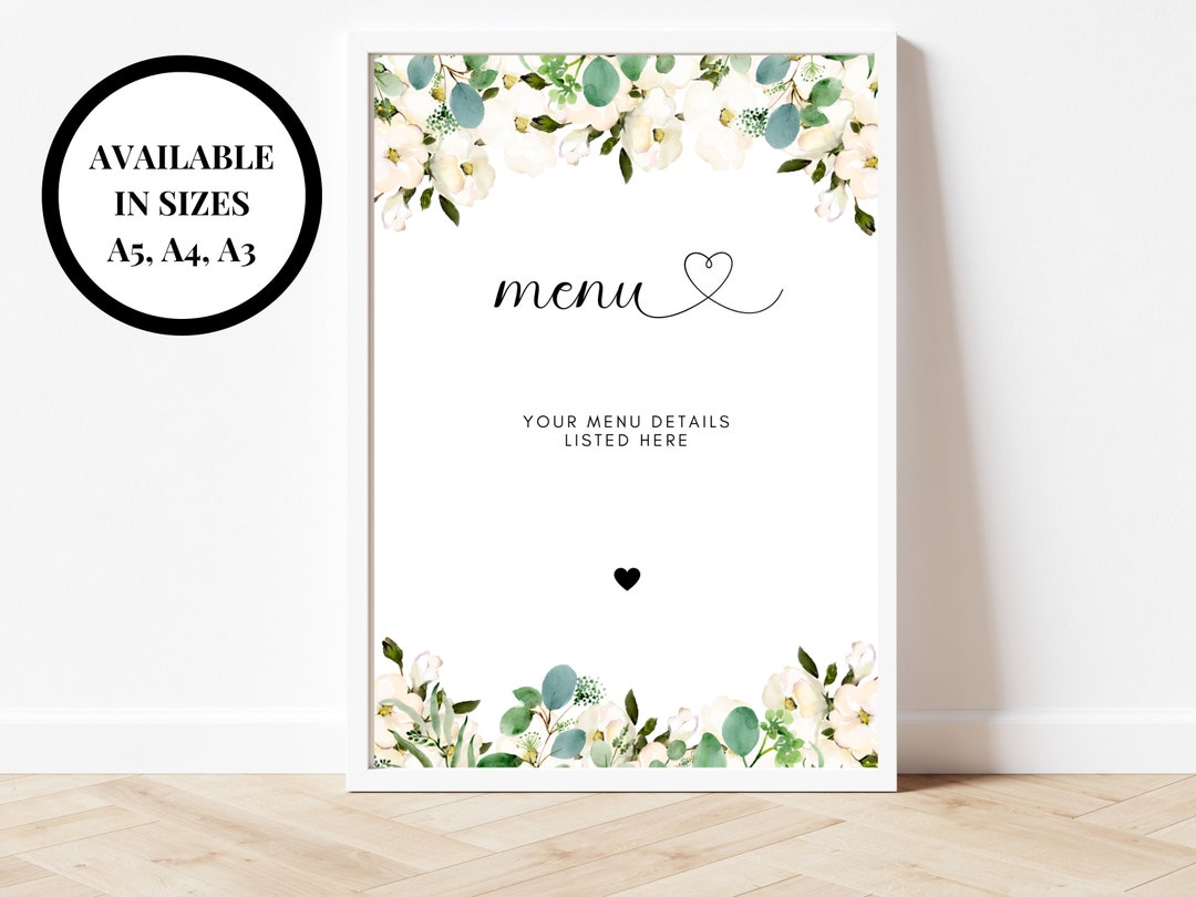 Personalised Menu Sign/ Greenery Floral Wedding Reception Menu A4 ...