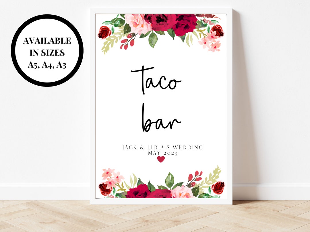 Personalised Red Floral Taco Bar Sign/ Red Theme Wedding Food Taco Bar ...