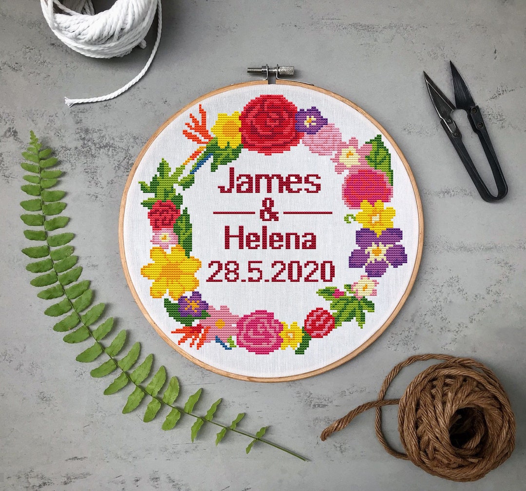 Colored Wreath Wedding Record Counted Cross Stitch Pattern Floral ...