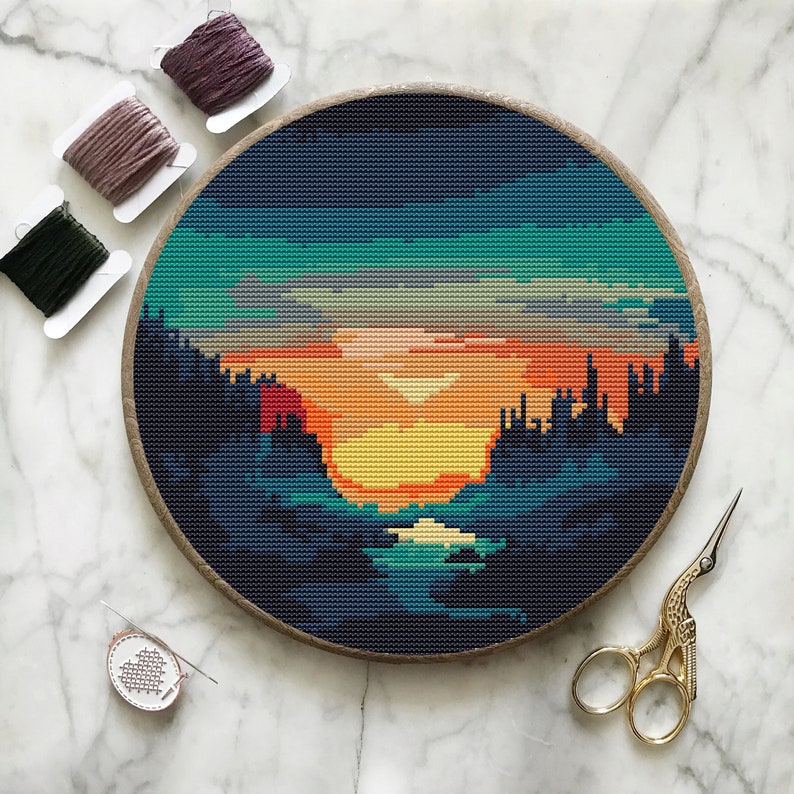 Sunset Nature Cross Stitchsunset by the River and - Etsy