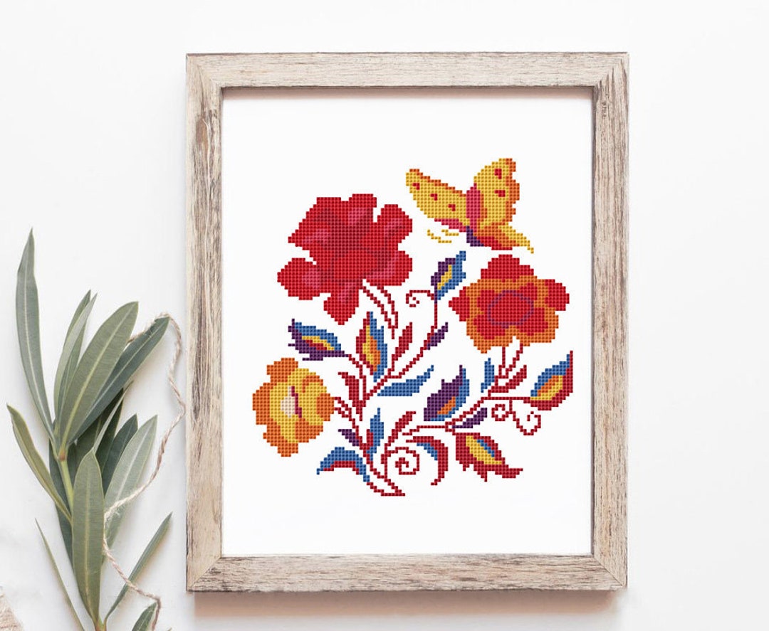 Floral Folk Art Cross Stitch Pattern Modern PDF, Flowers Counted Cross ...