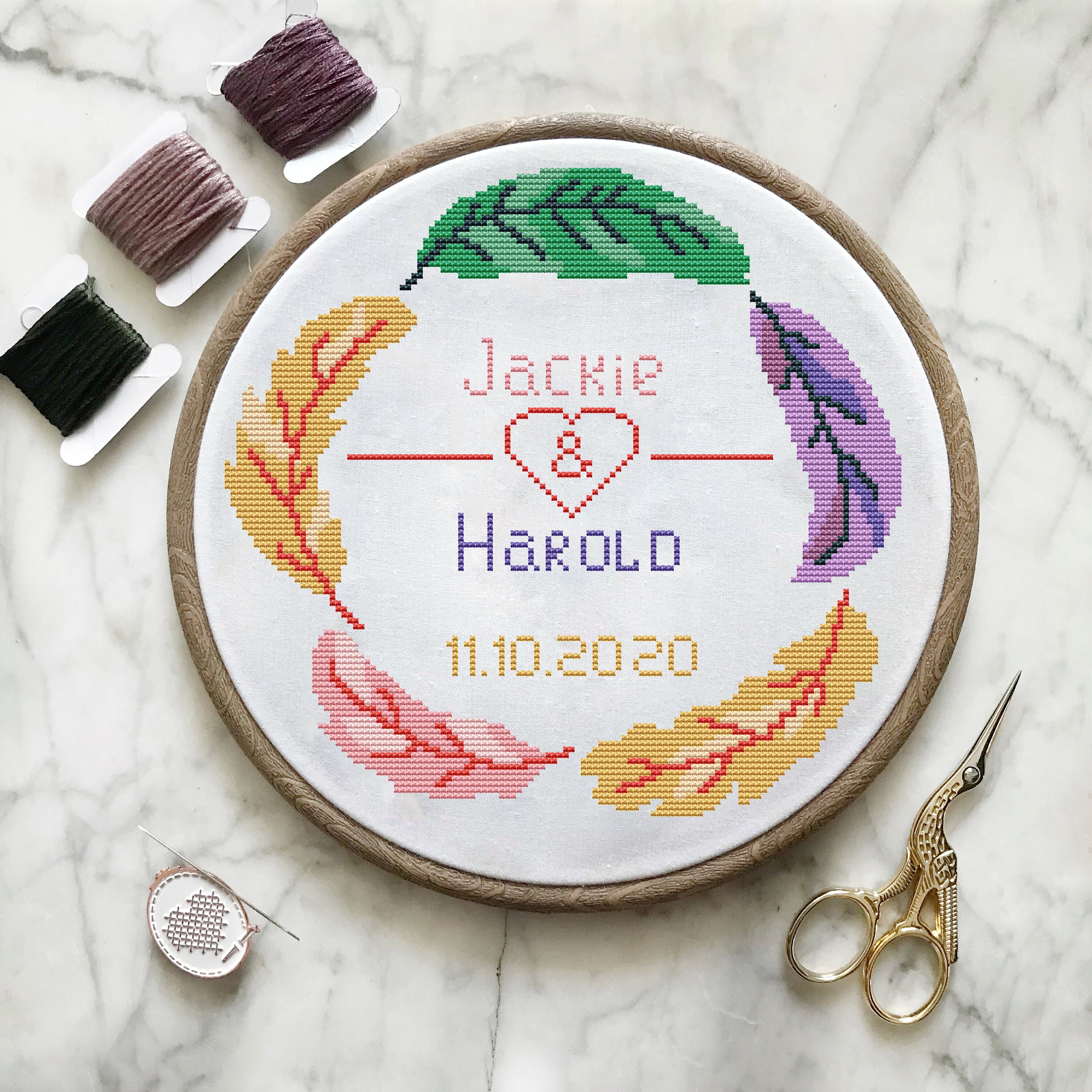 Personalized Wedding Cross Stitch Pattern Green Wreath Wedding - Etsy