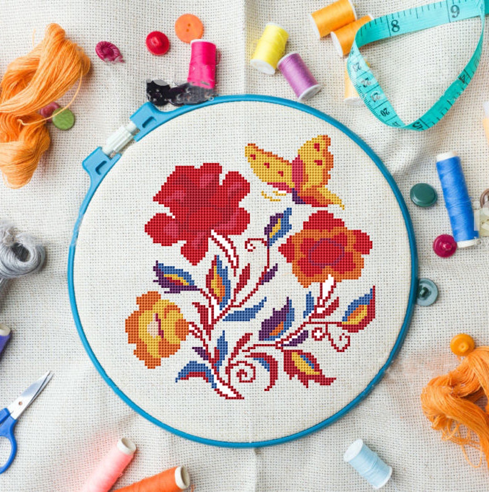 Floral Folk Art Cross Stitch Pattern Modern PDF Flowers - Etsy UK