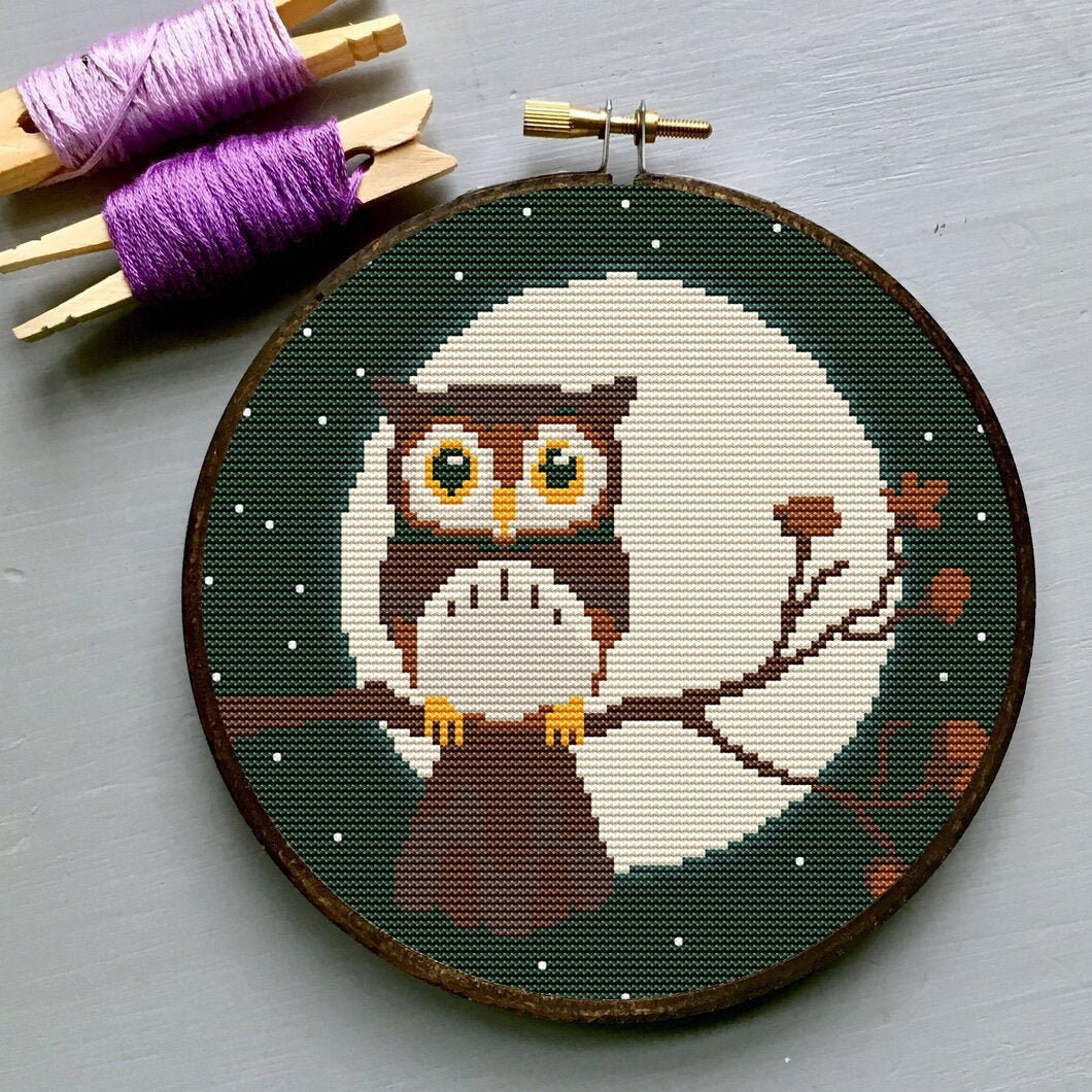 Owl Cross Stitch Pattern Moon and Owl Cross Stitch Pattern - Etsy