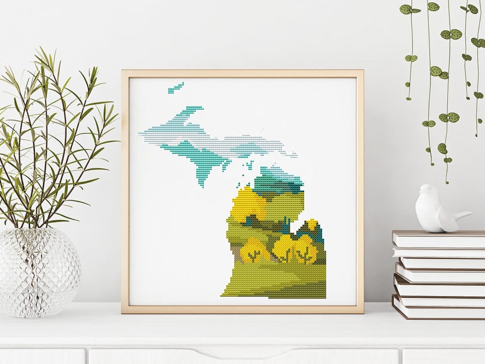 Michigan State Cross Stitch Pattern Nature Landscape USA Silhouette ...