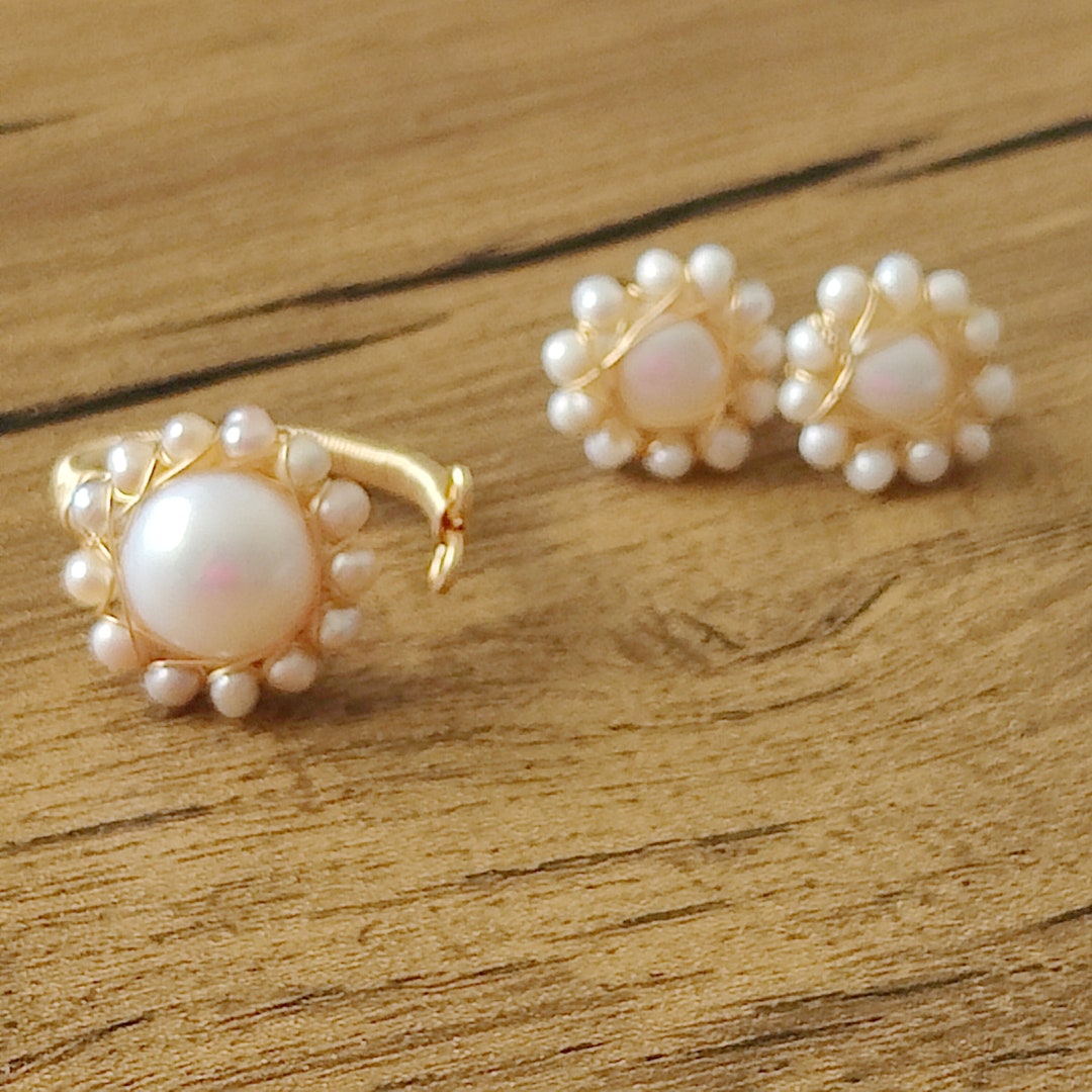 Pearl Earring Set, White Pearl Stud Earring, Handmade Pearl Ring, Pearl ...