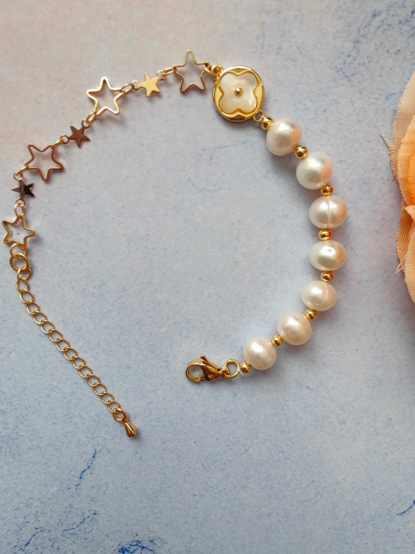 14k Gold Filled Star Chain Pearl Bracelet, Dainty Baroque Pearl ...