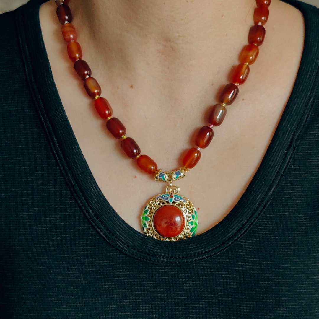 Red Jade Bead Necklace, Classic Cloisonne Pendant Necklace,14k Gold ...