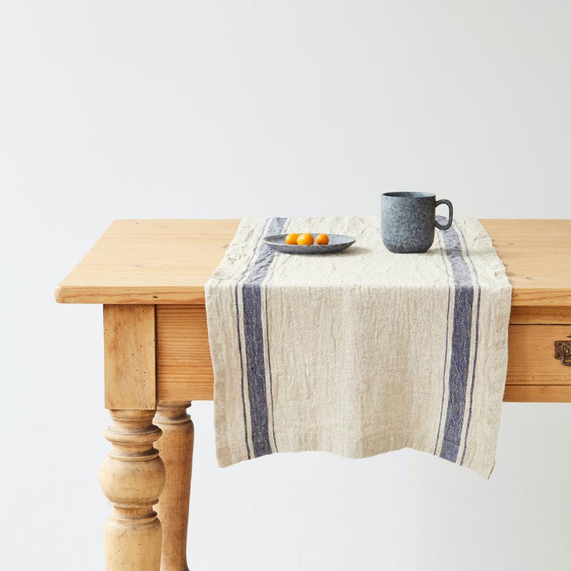 Blue Stripe Vintage Linen Table Runner. Natural Stonewashed Linen Table ...