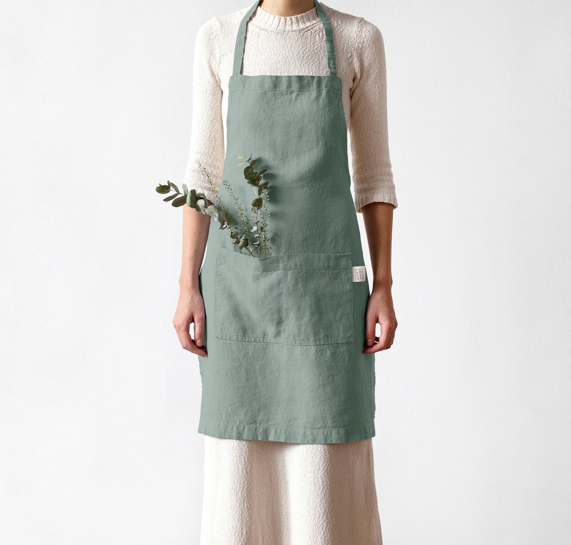 Green Linen Apron With Pockets. Grilling Gifts Mens Apron. Vintage ...