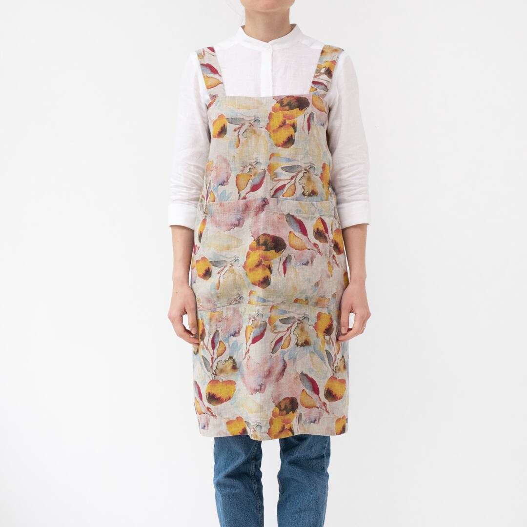 Orange Flow on Natural Linen Pinafore Apron. Pinafore Apron With ...
