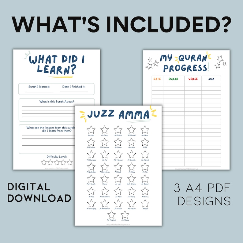 Printable Juzz Amma/ Juz 'ama Quran Progress Tracker and Reflection Set ...