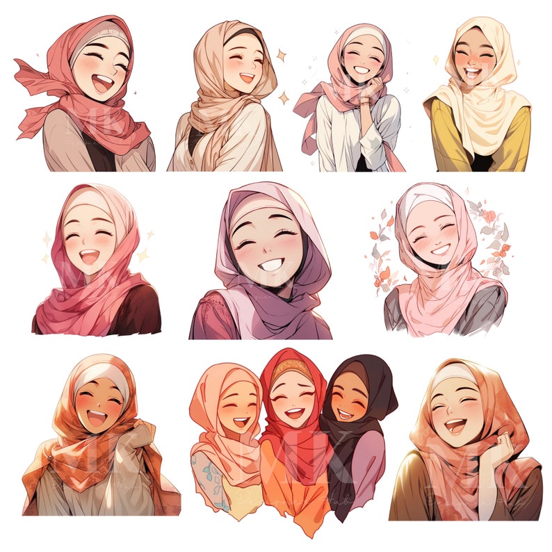 Set of 10 Happy Anime Hijabi Graphic Pngs Instant Download No Eyes ...