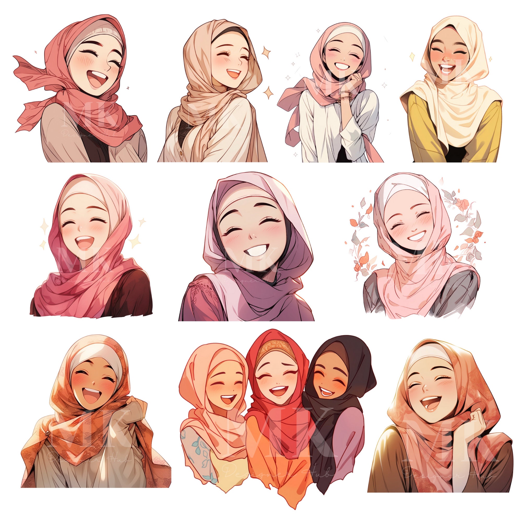 Set of 10 Happy Anime Hijabi Graphic Pngs Instant Download No Eyes ...