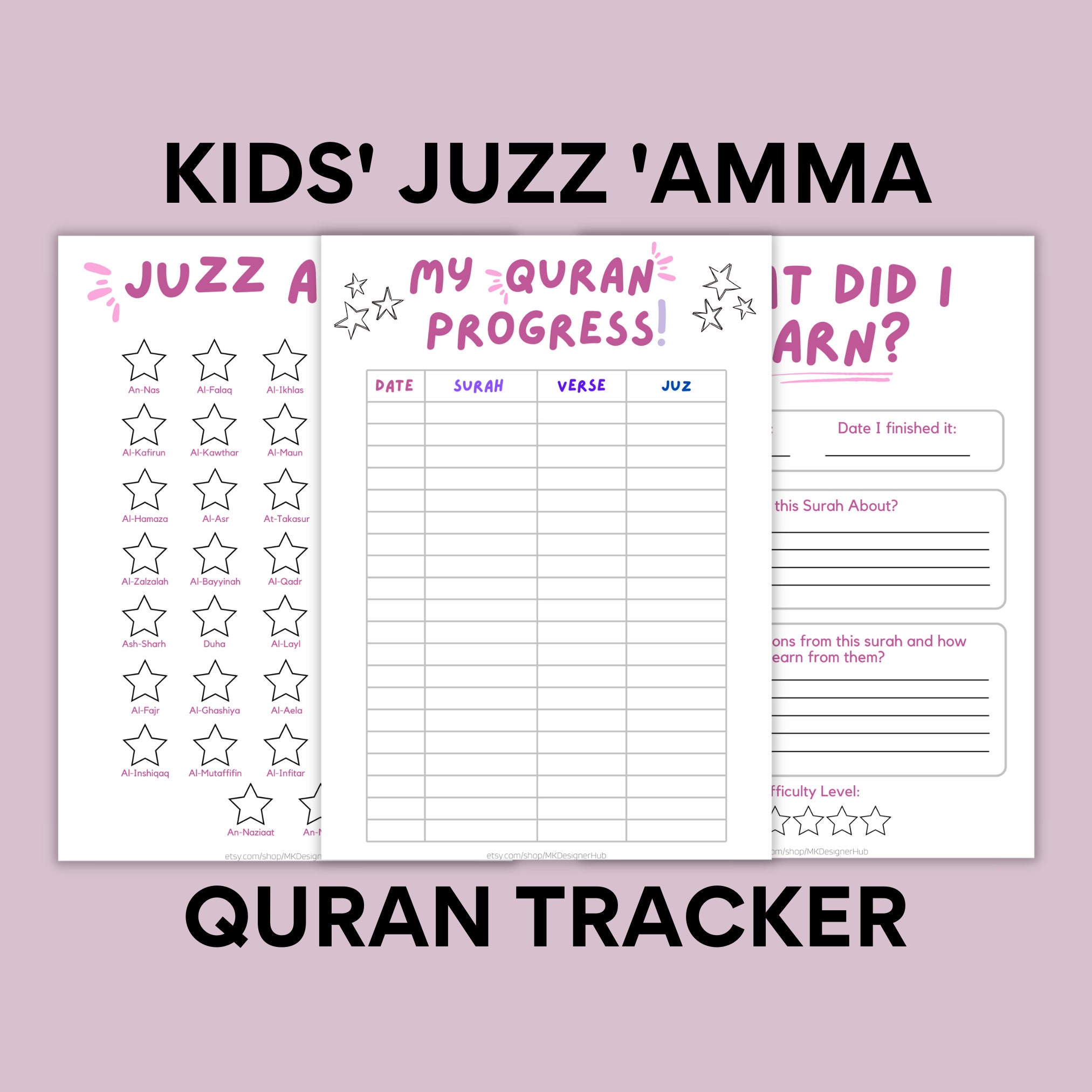Printable Juzz Amma/ Juz 'ama Quran Progress Tracker and Reflection Set ...