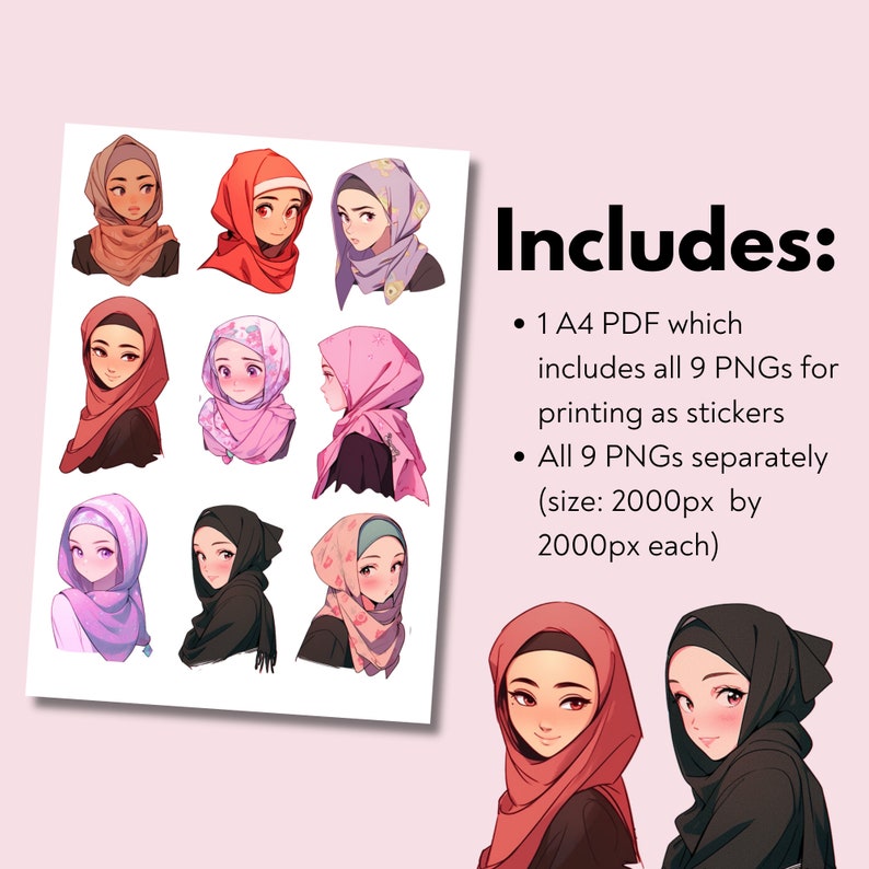 Set of 9 Anime Hijabi Pngs | Instant Download | Muslimah Characters for ...