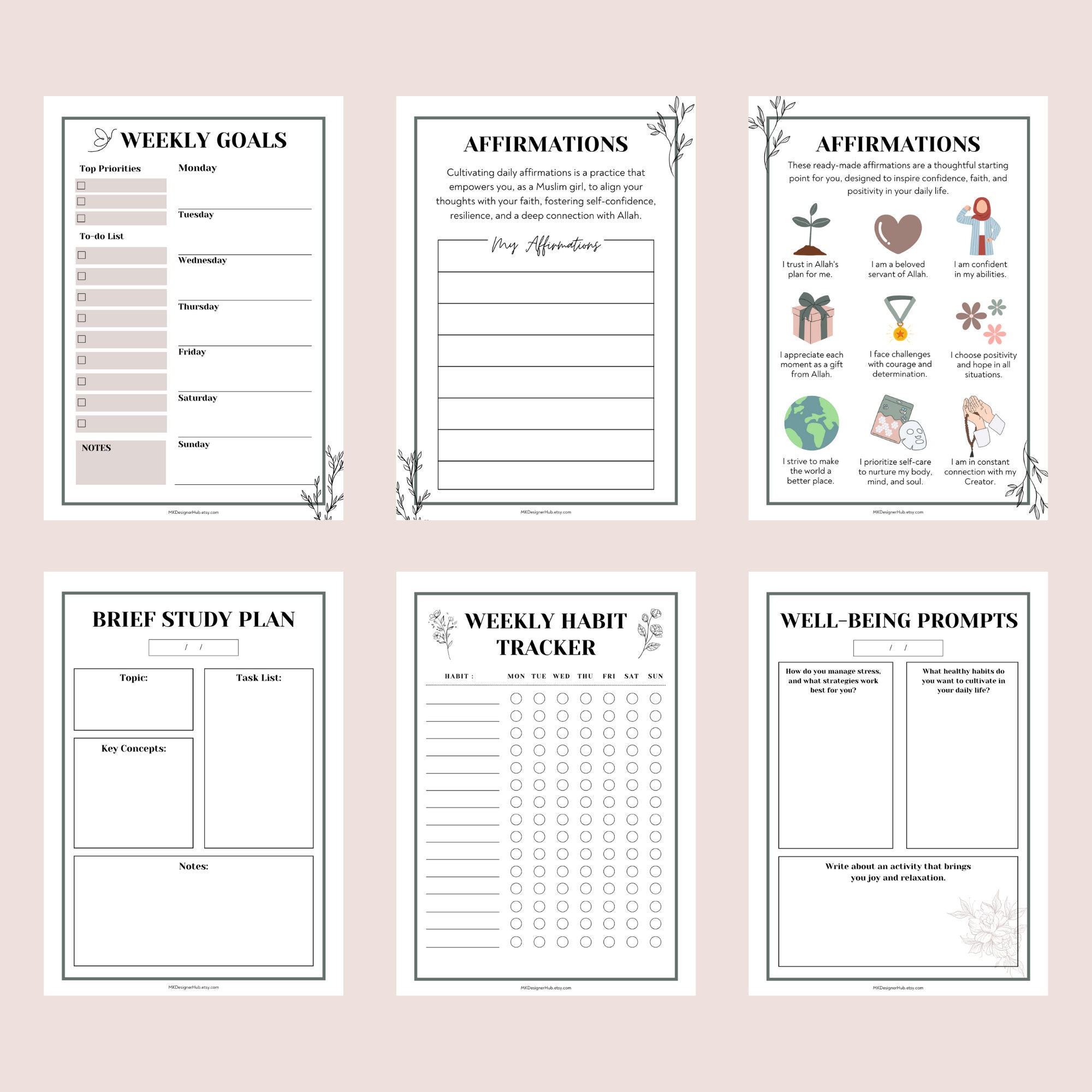 Muslim Girl Journal Self-care Planner Pack - Muslimah Journals ...