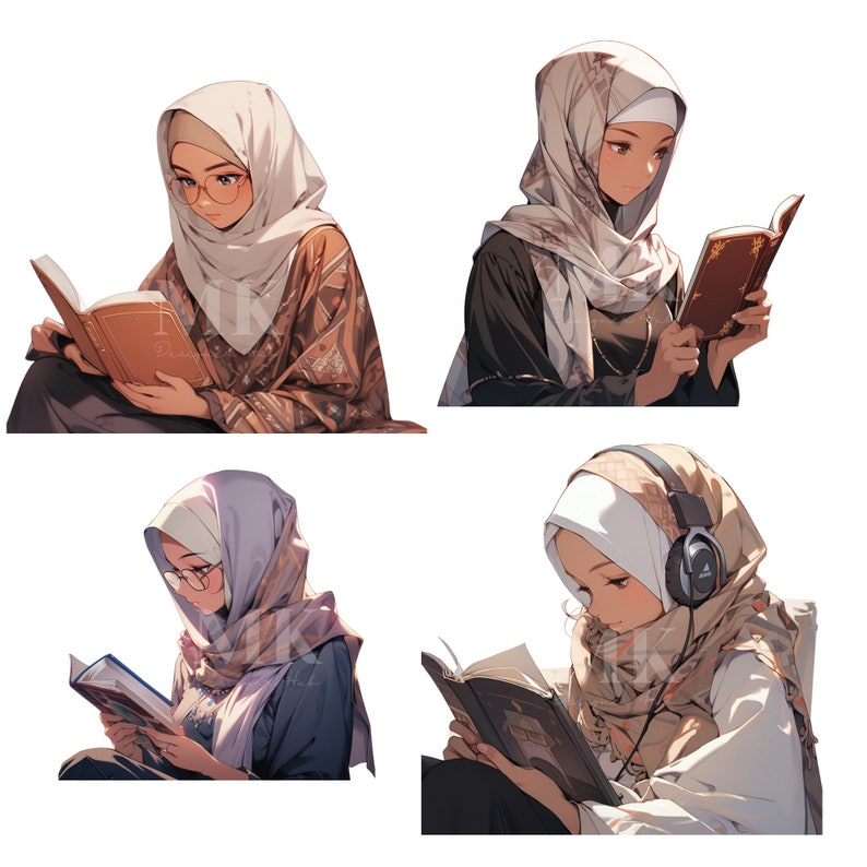 Set of 15 Bookworm Hijabis Holding Books Graphic Pngs | Instant ...