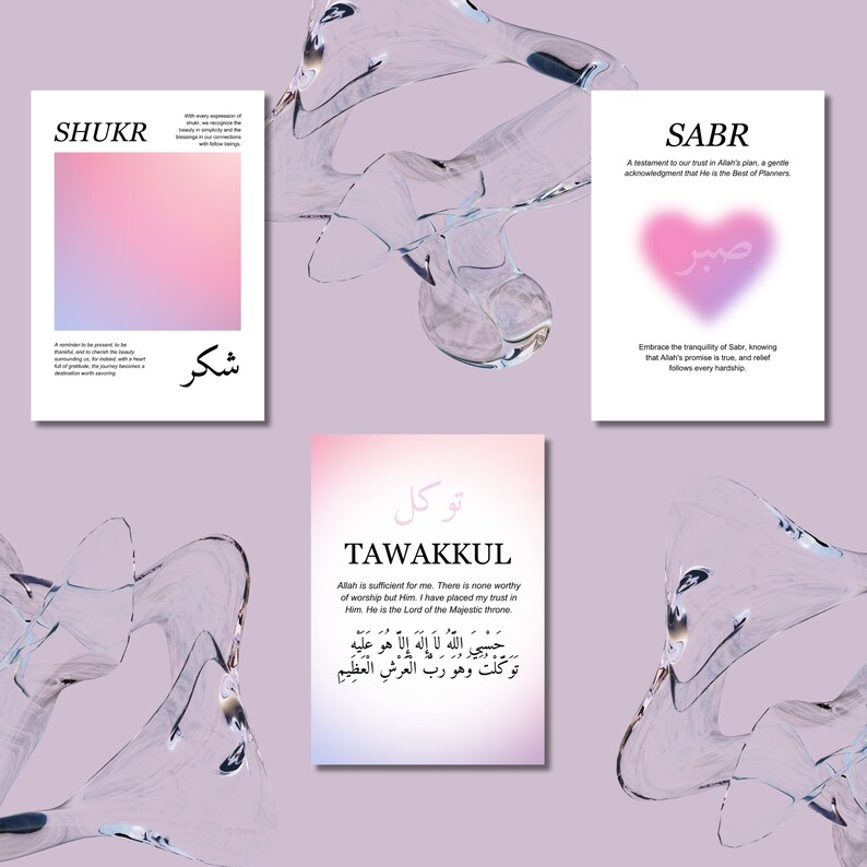 Shukr, Tawakkul, Sabr Y2K Posters Set Islamic Home Decor in Pink and ...