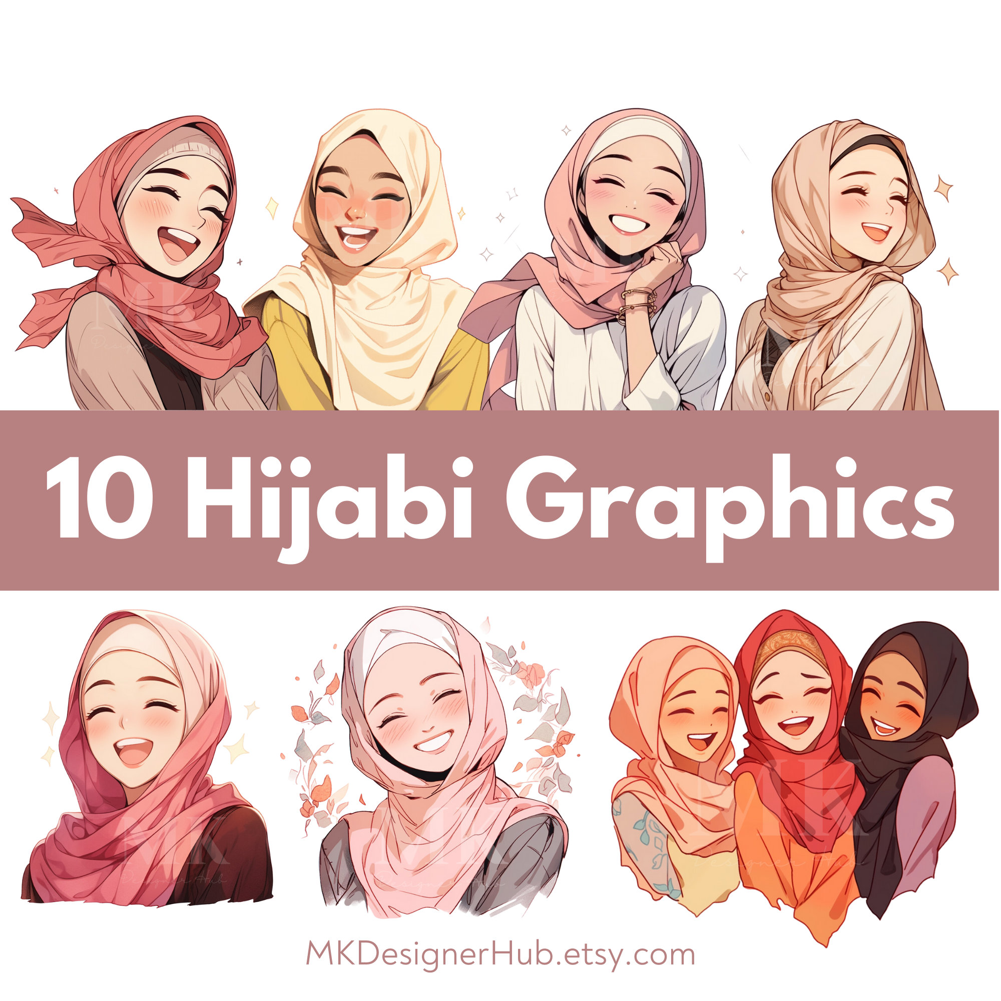 Set of 10 Happy Anime Hijabi Graphic Pngs Instant Download No Eyes ...
