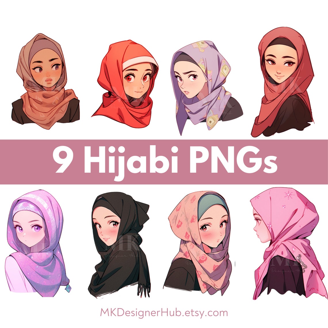 Set of 9 Anime Hijabi Pngs | Instant Download | Muslimah Characters for ...