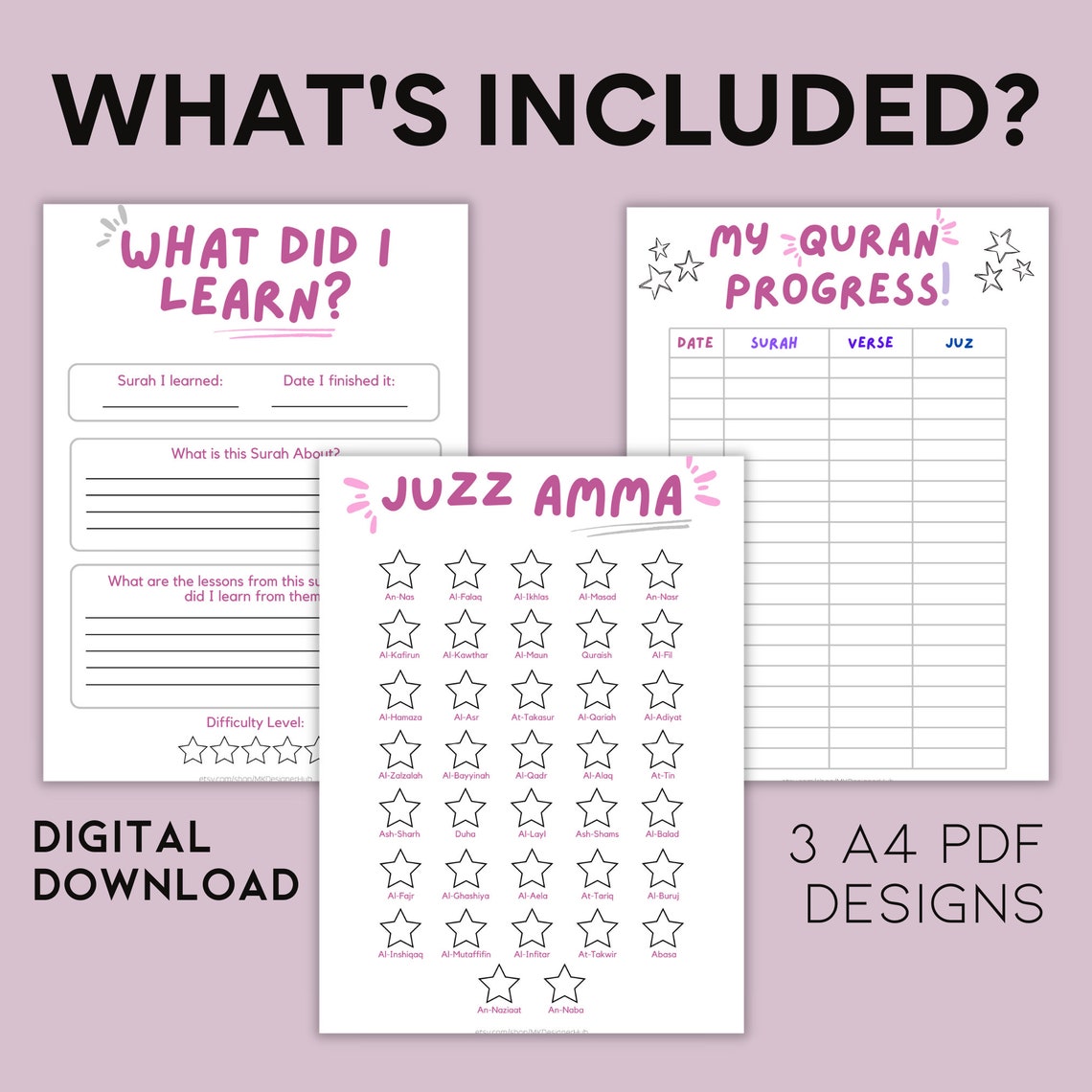 Printable Juzz Amma/ Juz 'ama Quran Progress Tracker and Reflection Set ...