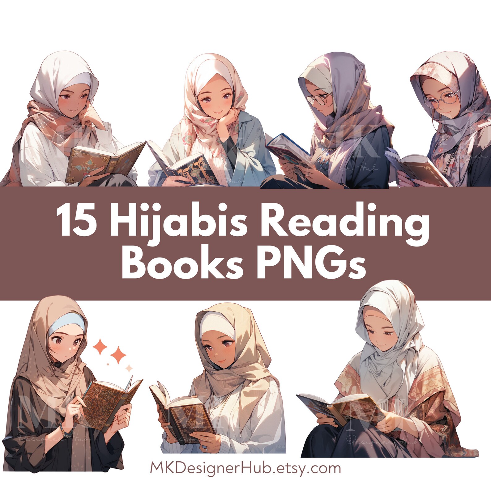 Set of 15 Bookworm Hijabis Holding Books Graphic Pngs | Instant ...