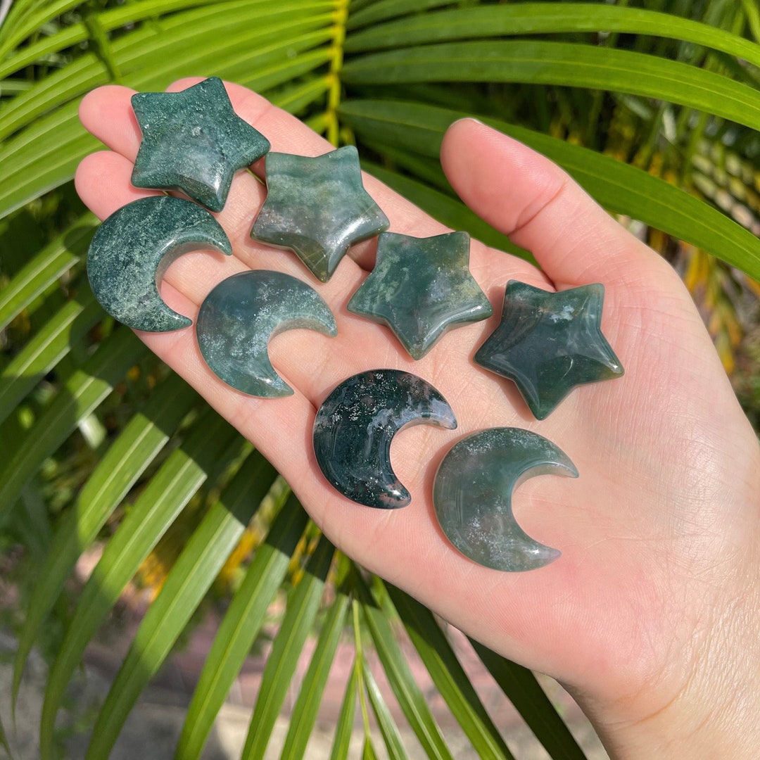 Moss Agate Moon, Moon Star, Moss Agate Carvings, Reiki Healing Set ...