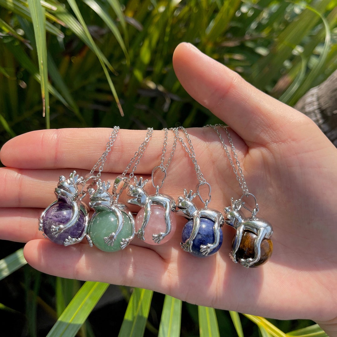 Silver Plated Frog Gemstone Sphere Pendant Necklace, Crystal Sphere ...