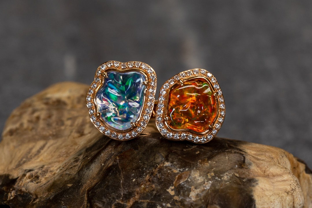 Custom 18K Rose Gold Mexican Jelly Opal and Diamond Ring - Etsy