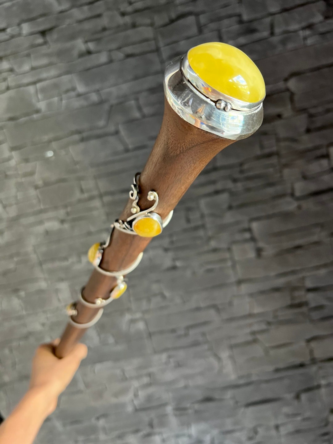 Wooden Walking Stick With Huge Amber Amber Scepter With Sterling Silver ...