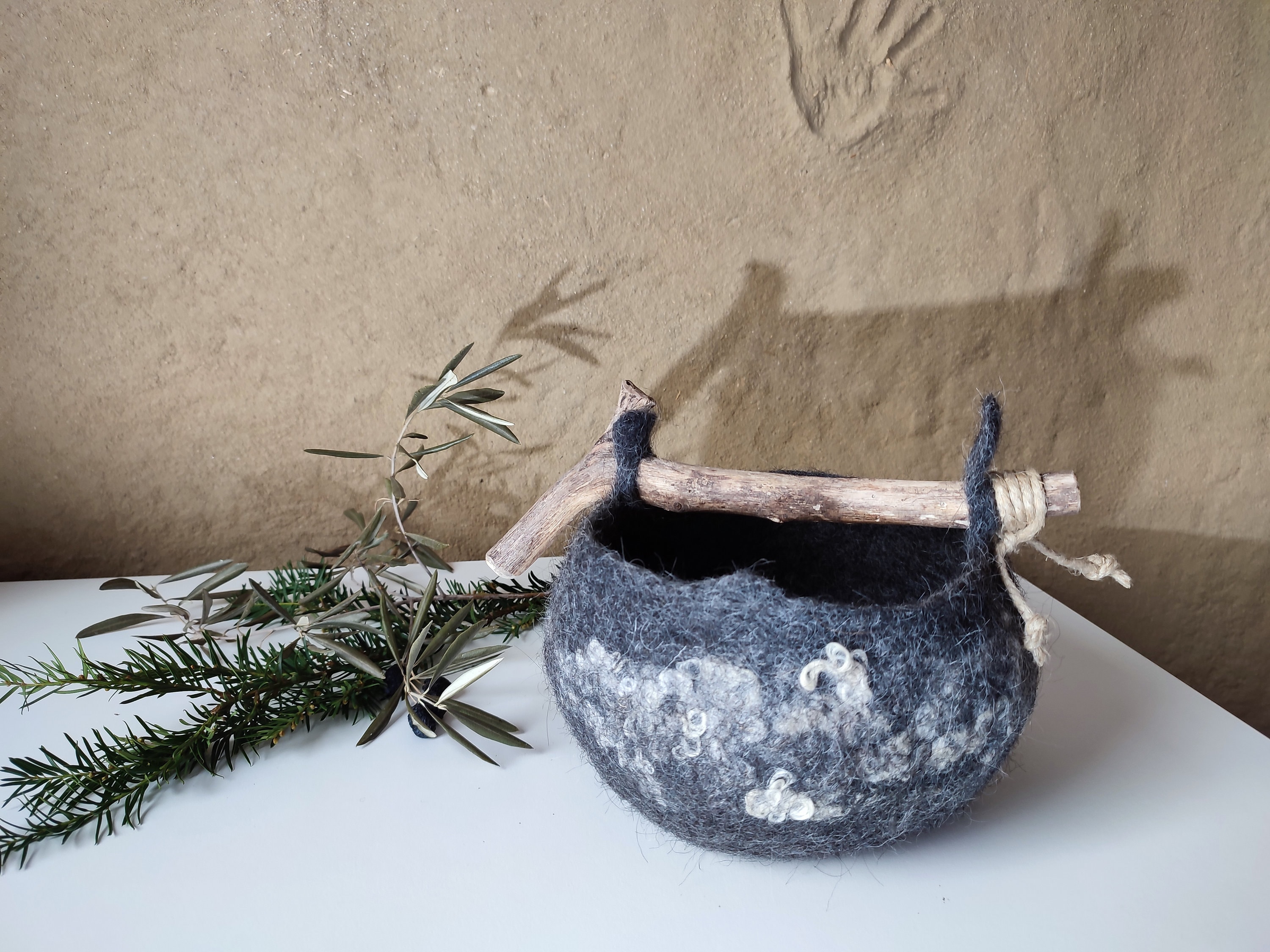 Felted Vessel, Felt Bowl, Wool Natural Bowl, Wooden Handle, Felt Basket ...