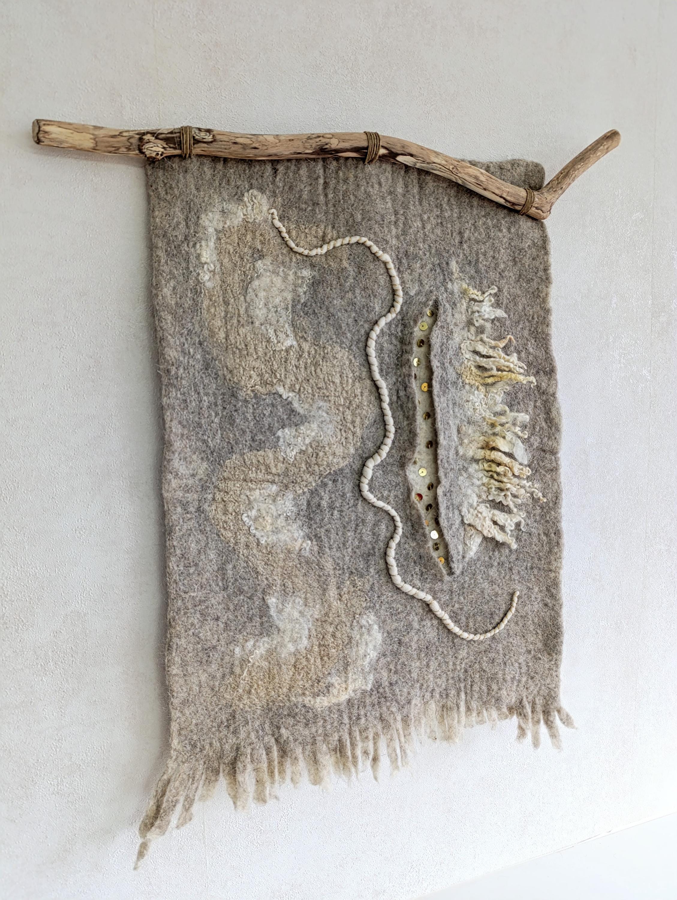 Felted Wool Wall Art: Textile Painting With Wooden Stick (16x24 Inch ...