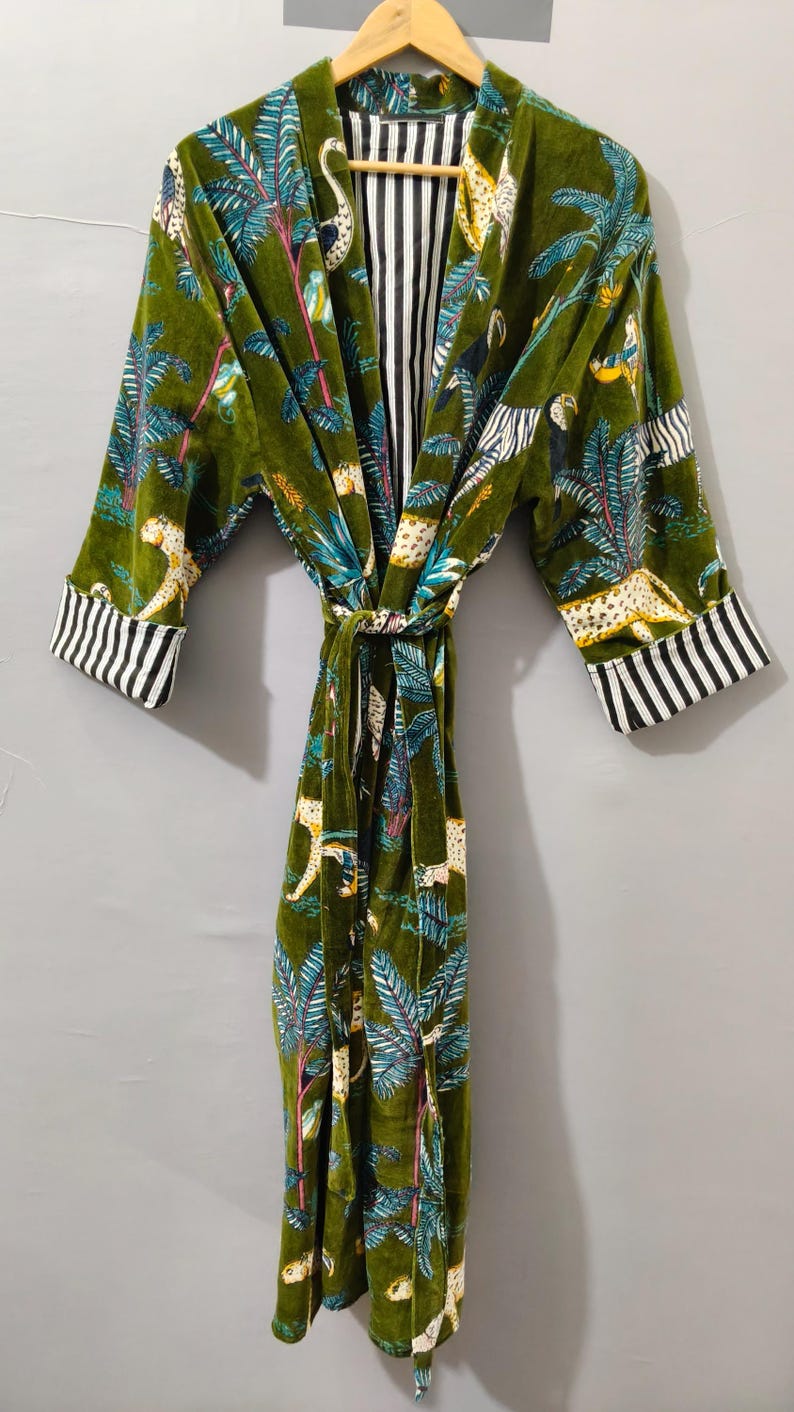 Velvet Kimono Robe – Japanese Art Inspired Wisteria & Swallow Dressing ...