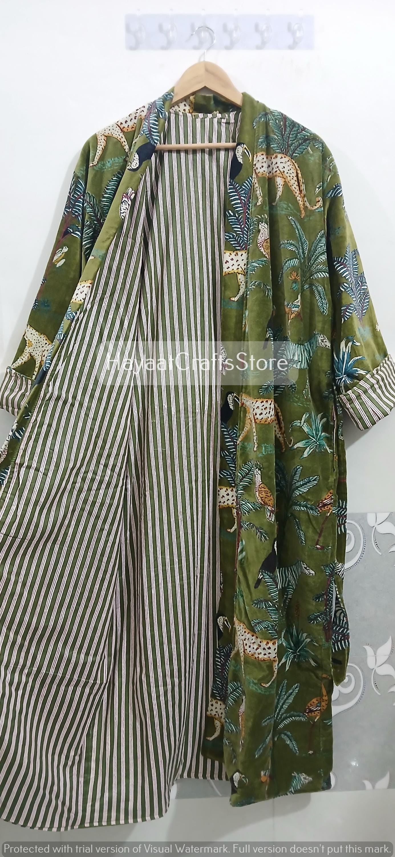 Green Jungle Print Velvet Kimono Robes, Morning Tea Velvet Coat ...
