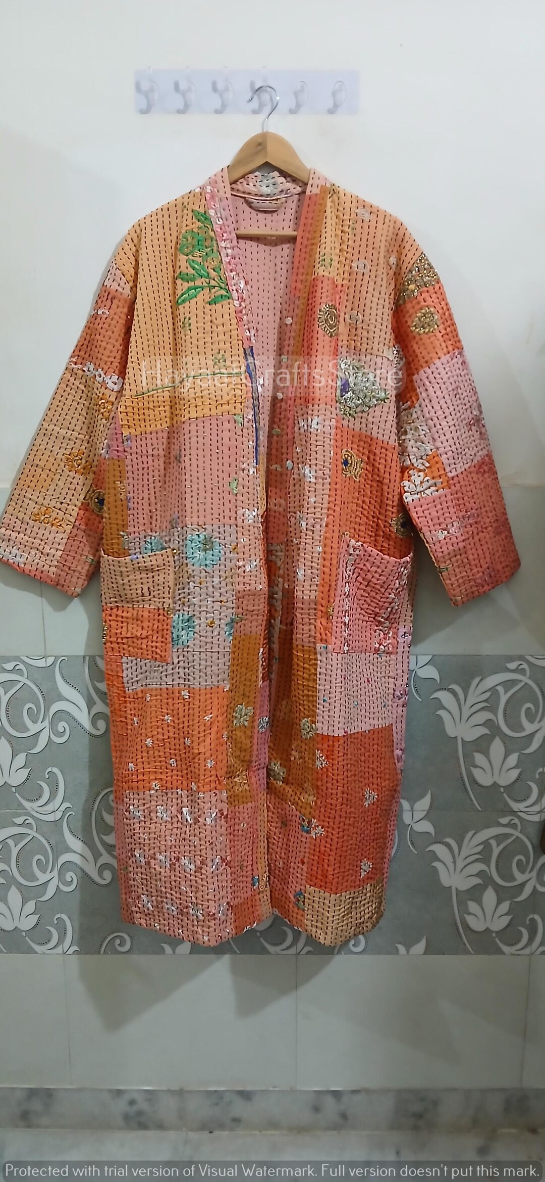 Peach Multi Colors Indian Khambadiya Kantha Robe Beautiful Patchwork ...