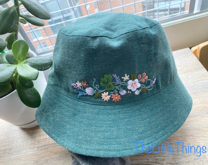 Premium Embroidered Floral Bucket Hat, Handmade Premium Linen Bucket ...