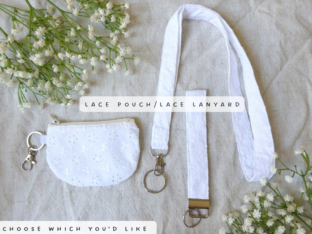 White Lace Lanyard/ White Lace Coin Pouch/ White Lace Wristlet/ White ...