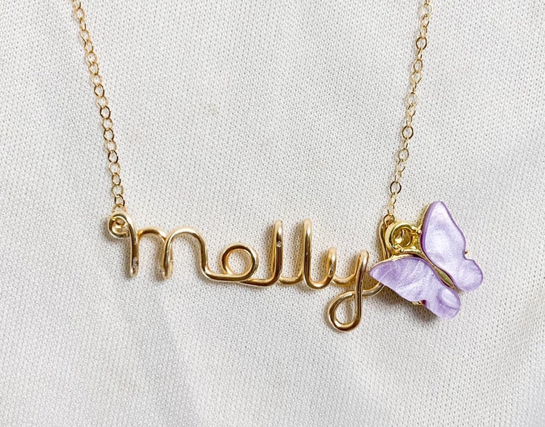 Personalized Wire Name Necklace With Butterfly Charm - 16k Gold Plated ...