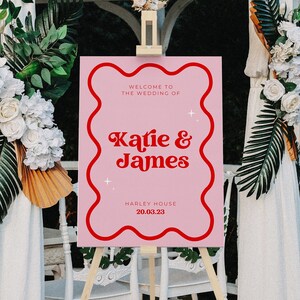 Pink Vintage Wedding Sign, Retro Wedding Welcome Sign, 70s Wedding ...