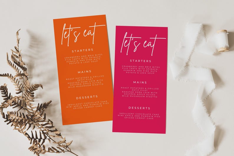 Bright Pink Wedding Menu, Colourful Wedding Menu, Orange Menu, Wedding ...