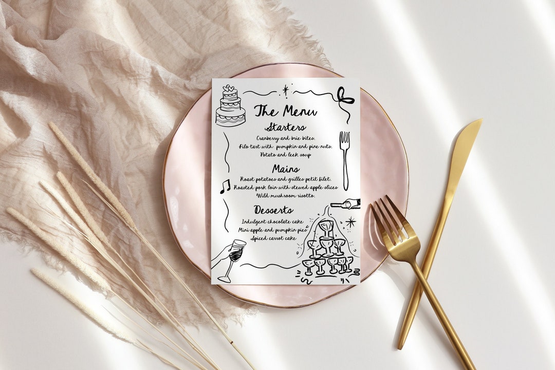 Handwritten Menu Cards, Hand-drawn Menu, Doodle Wedding Menu - Etsy