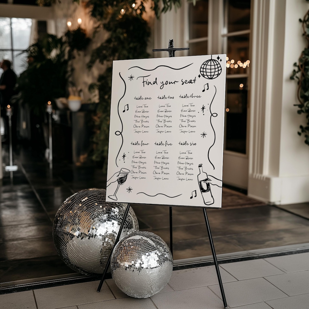 Doodle Seating Plan, Table Plan, Disco Ball Wedding Decor, Boho Seating ...