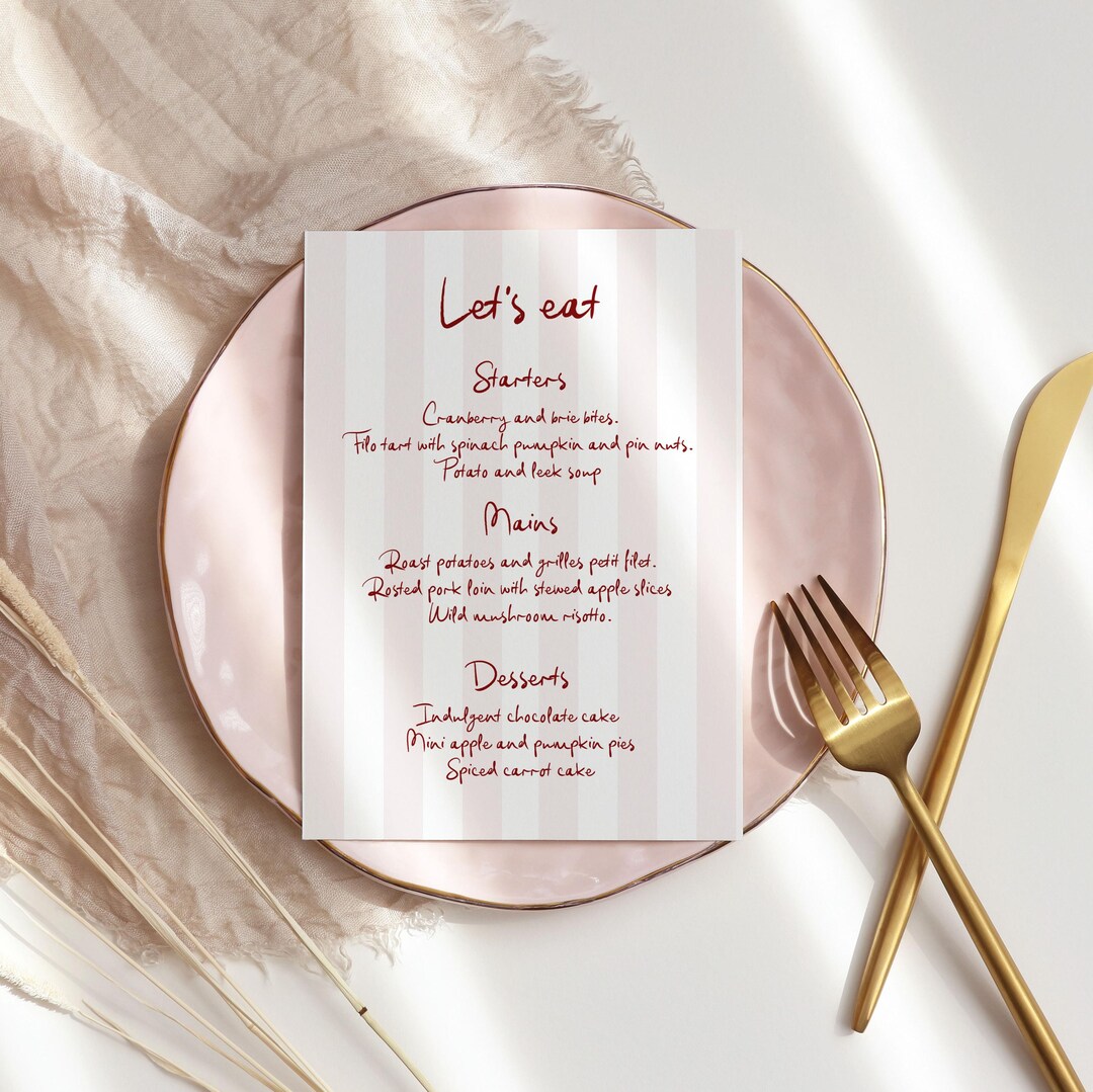 Pink Striped Menu, Handwritten Menu - Etsy