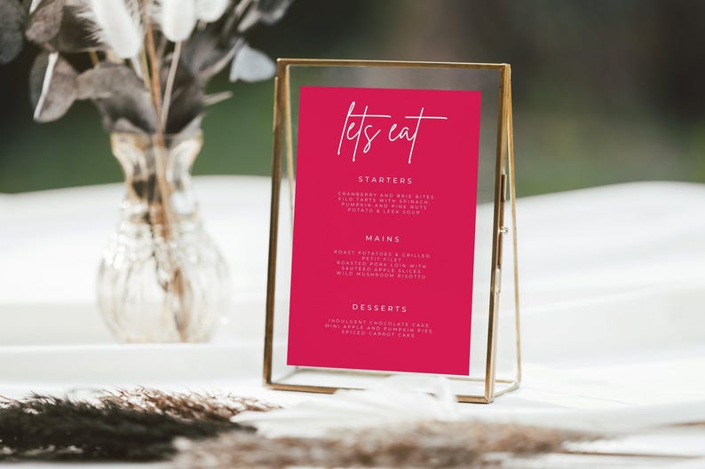 Bright Pink Wedding Menu, Colourful Wedding Menu, Orange Menu, Wedding ...